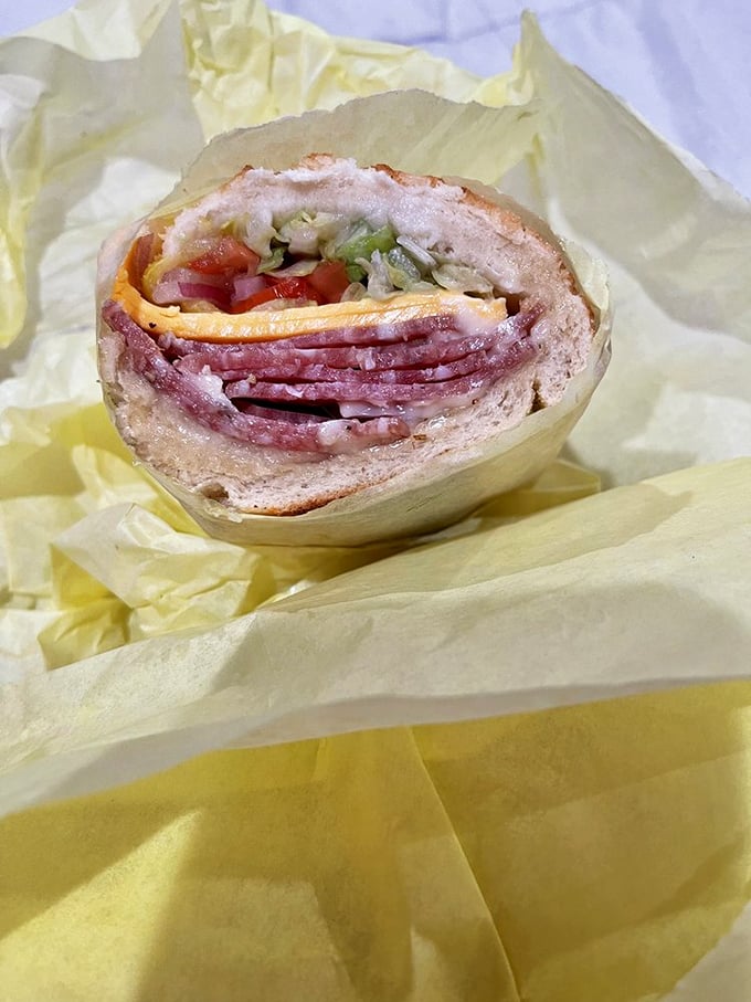 Layer upon layer of thinly sliced salami, cheese, and veggies. This isn't a sandwich&mdash;it's architecture you can eat.