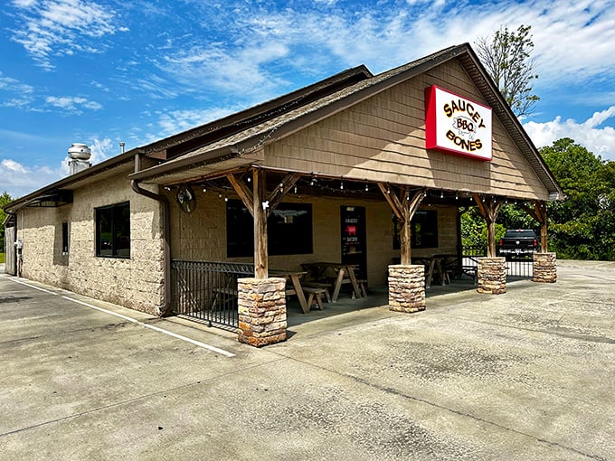 Saucey Bones BBQ promises the kind of meal that requires extra napkins and makes you consider moving to the mountains permanently.