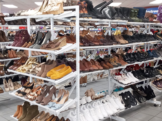The shoe section: a footwear fantasy where designer labels and practical pairs coexist in budget-friendly harmony.