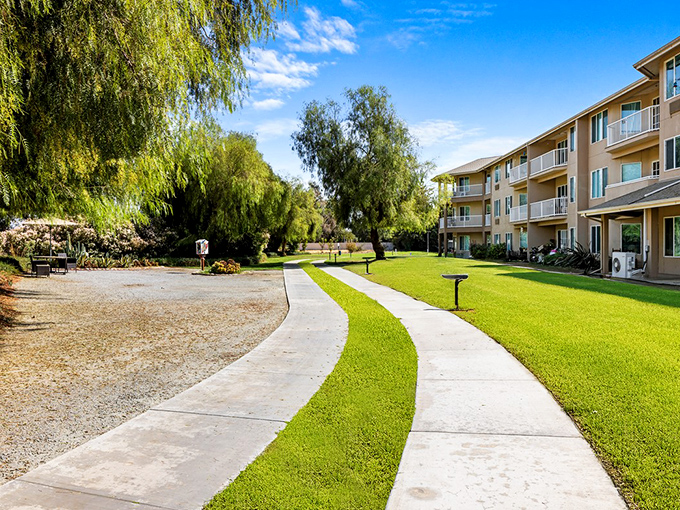 Winding pathways and manicured grounds at Sierra Hills offer retirement living that feels like a resort vacation that never ends.