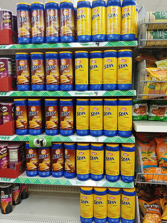 Stax on stax on stax! Potato chip cylinders standing like soldiers, ready to march straight into your pantry for movie night.