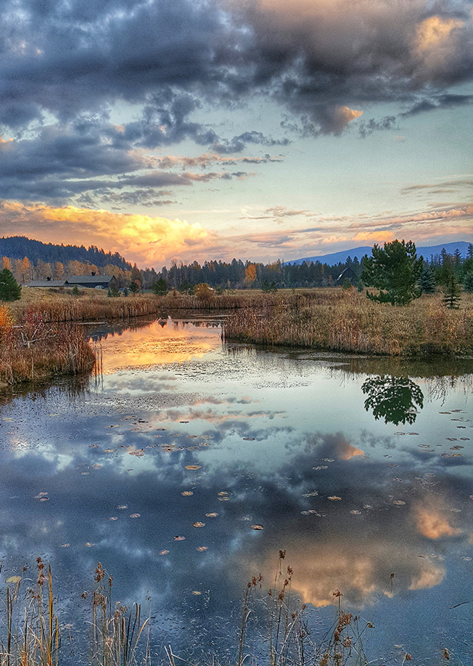 Sunset ignites the wetlands with golden light, creating a double show in the still waters. Even the clouds seem to pause their journey to admire the view.