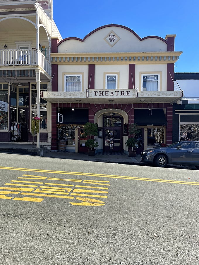 The historic Theatre's curved fa&ccedil;ade has witnessed everything from silent films to talkies, standing as Sutter Creek's cultural cornerstone.