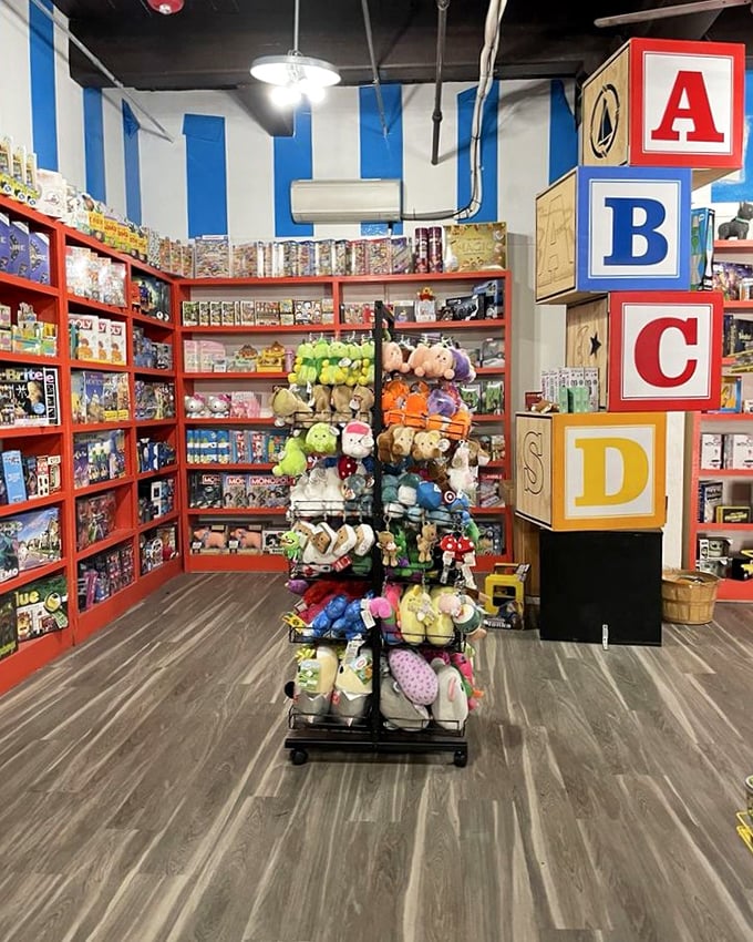 Giant alphabet blocks mark the toy section, where nostalgic games and plush friends wait to be discovered by a new generation.