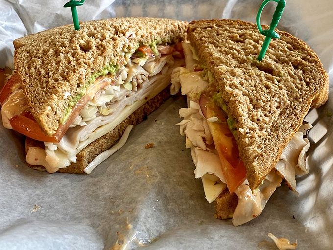 Turkey sandwich architecture at its finest—the proper ratio of meat to vegetation to bread. Engineering you can eat.