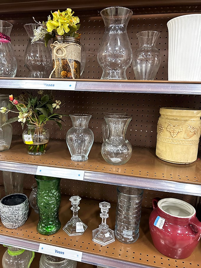 Crystal, glass, and ceramic vessels await new purposes. That green vase is practically begging to showcase your farmer's market flowers.