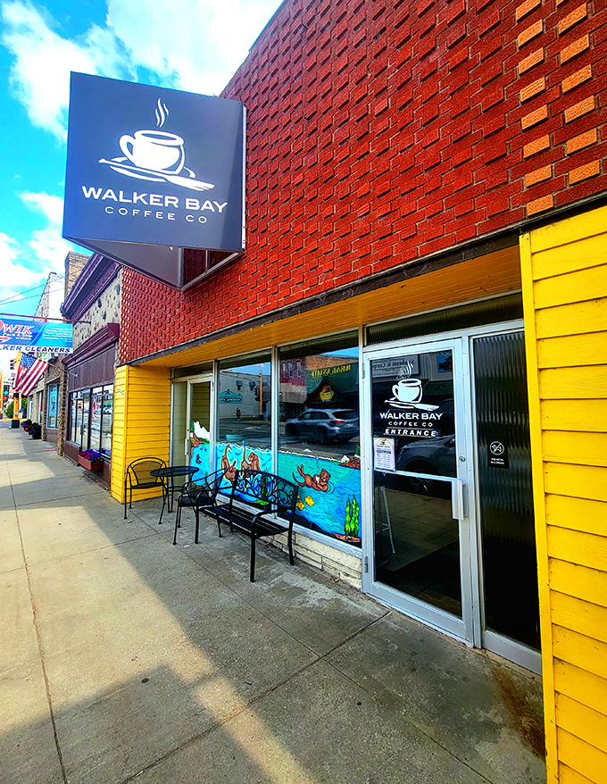 Walker Bay Coffee Co's cheerful facade and lakeside mural promise the perfect morning fuel for lake adventures or downtown wanderings.