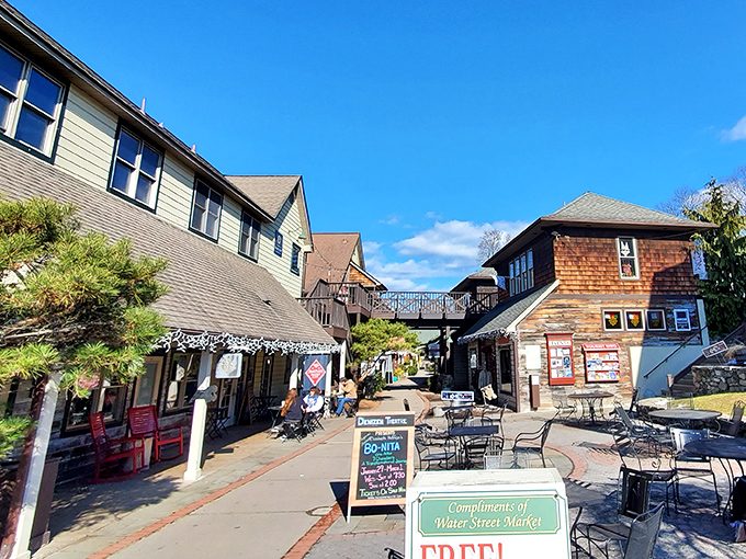 Water Street Market's charming walkways invite leisurely exploration, with outdoor seating perfect for people-watching between boutique discoveries.