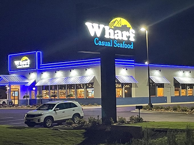 Wharf Casual Seafood lights up the night, promising the kind of meal that tastes even better when you're not rushing anywhere afterward.