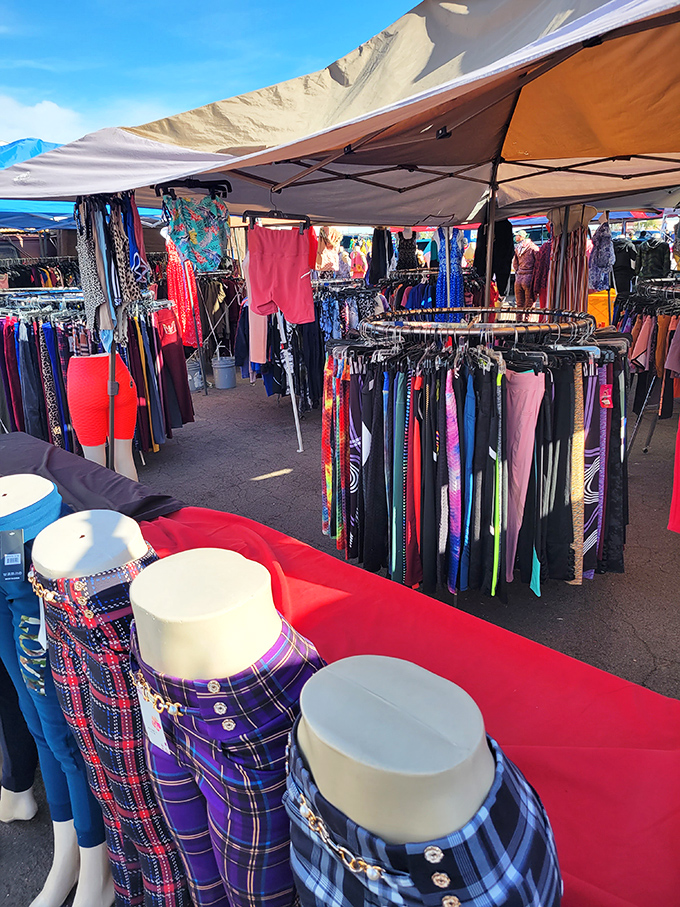 Pattern paradise! From plaid to paisley, these mannequins model the market's fashion finds with headless confidence.