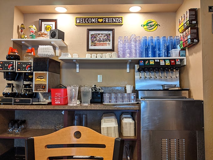 "Welcome Friends" says the sign, and the coffee station stands ready to deliver that life-giving elixir we all desperately need before noon.