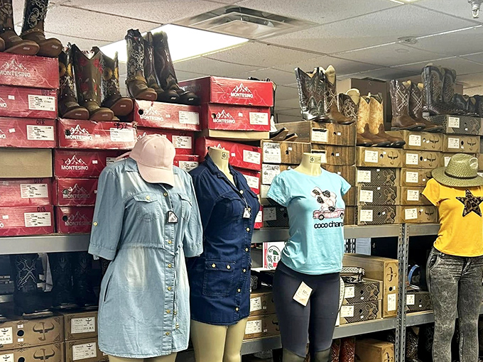 Cowboy boots and casual wear living in perfect harmony. The American West meets Delaware practicality in this corner of fashion possibility.