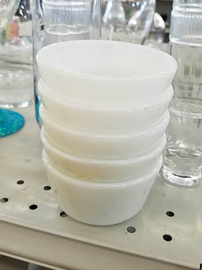 Milk glass bowls stack neatly, their vintage charm intact&mdash;perfect for serving everything from cereal to gumbo at unbeatable prices.