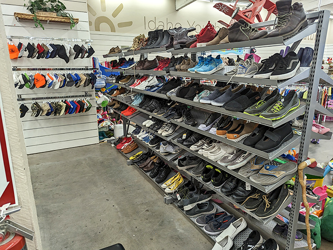 Shoe department or footwear museum? Each pair tells a tale of adventures taken or roads not yet traveled.