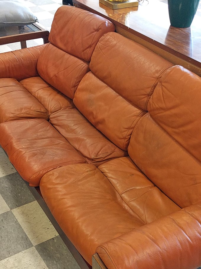 This caramel-colored leather couch has seen things, but kept its dignity—the perfect throne for Netflix marathons during those endless winter nights.