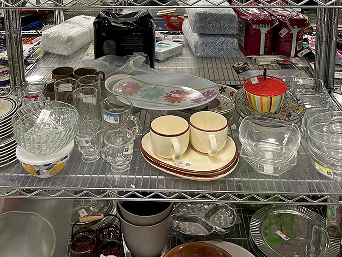 Glassware and dishware await new homes and dinner parties. These vintage pieces have served countless meals and are ready for encore performances.
