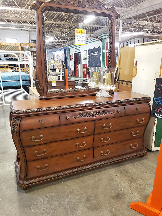 This ornate dresser with mirror isn't just furniture&mdash;it's a time machine to mornings past, when getting ready was an event, not just a routine.