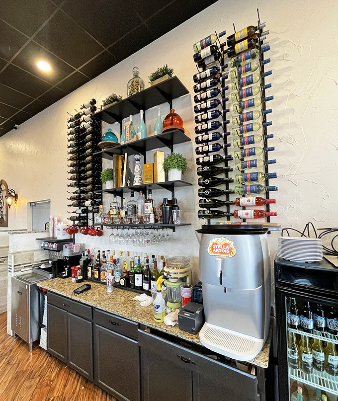 A wine display that says, "Yes, we take our beverages seriously, but we're not going to lecture you about tannins."