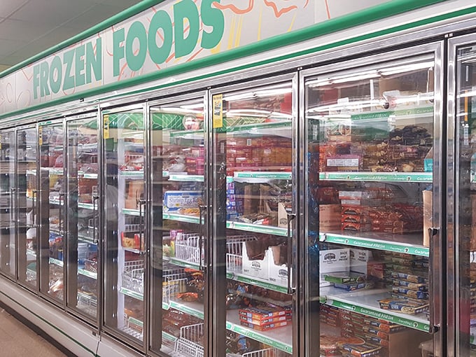 The frozen food section rivals conventional grocery stores, offering everything from veggies to complete meals behind those frosty doors.
