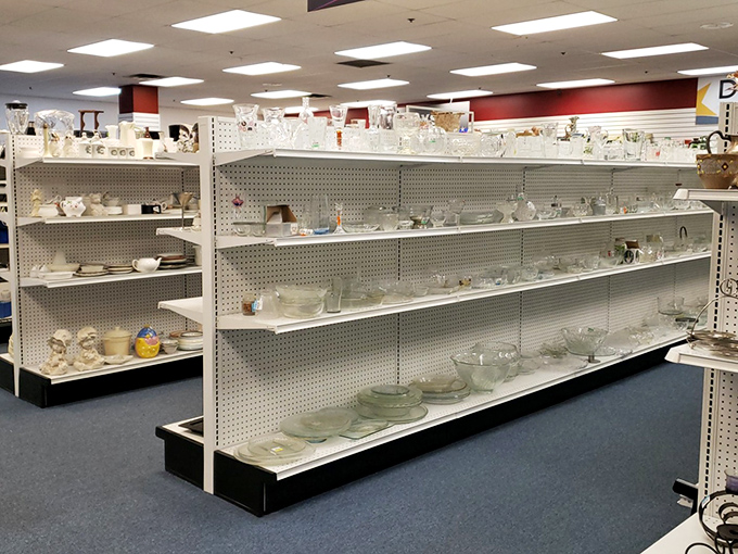 Crystal, glass, and ceramic treasures await new homes. One person's "grandma's old dishes" are another's "vintage entertaining collection."