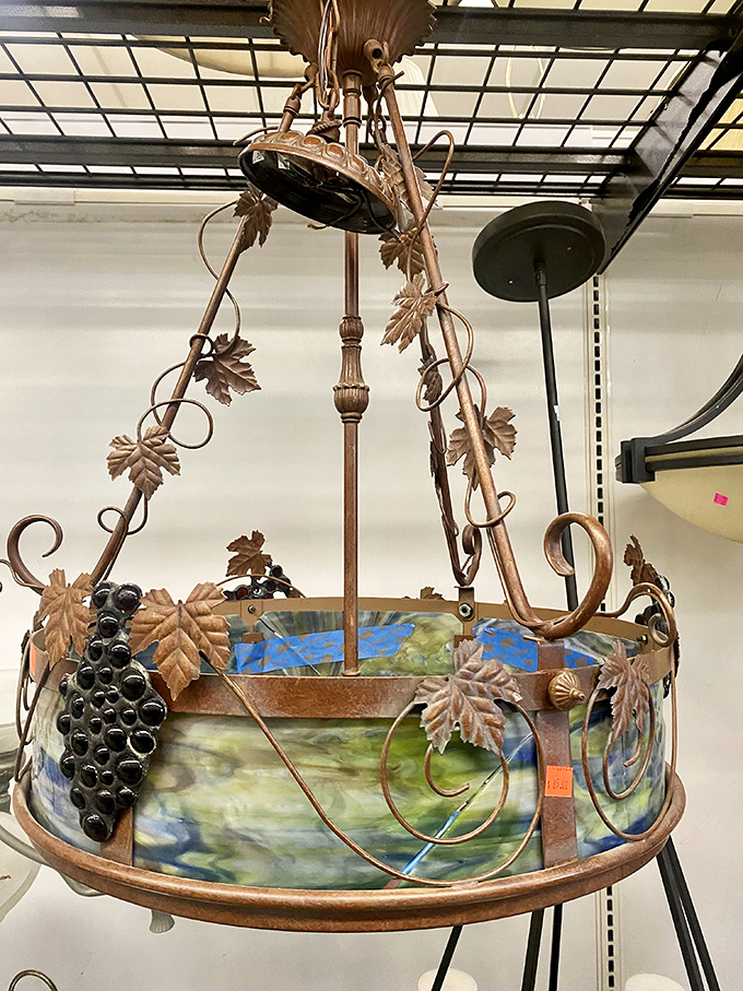 This copper and stained glass hanging fixture isn't just a light&mdash;it's functional art with grapes that never need watering.