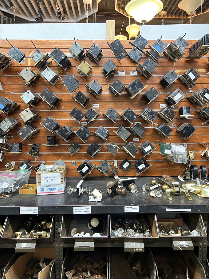 Hardware heaven! This wall of vintage locks and doorknobs holds the keys to history &ndash; each mechanism a small mechanical marvel.