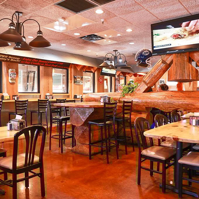 Rustic wooden bar and cozy seating create the perfect backdrop for serious barbecue business.