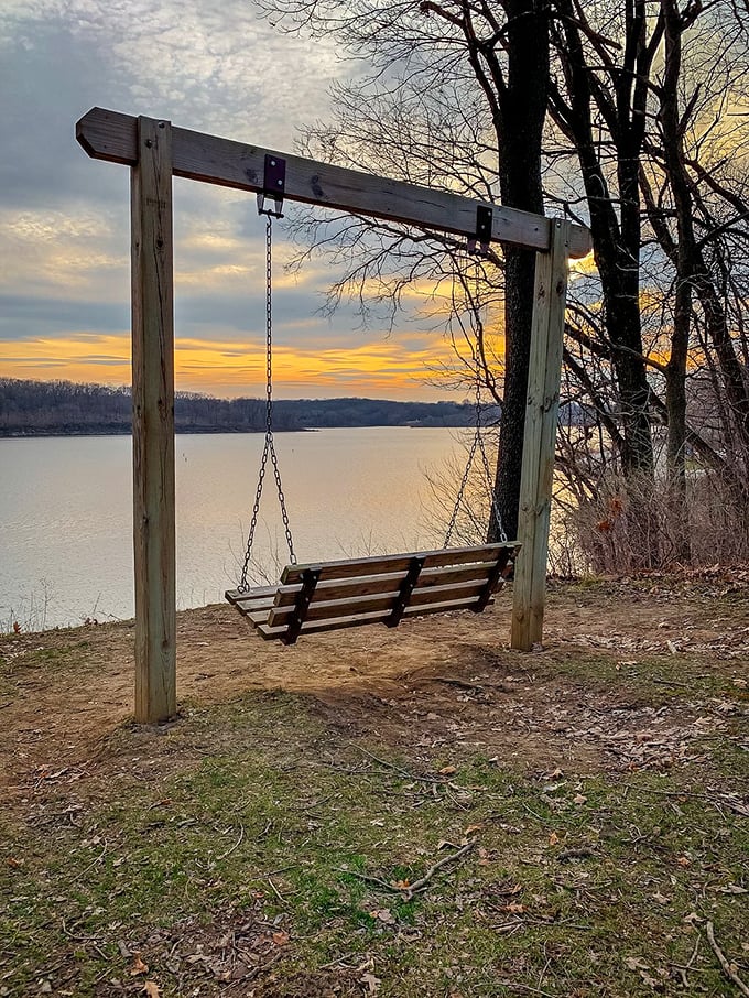 Whoever placed this swing understood perfection—the ideal front-row seat to nature's daily sunset performance over tranquil waters.