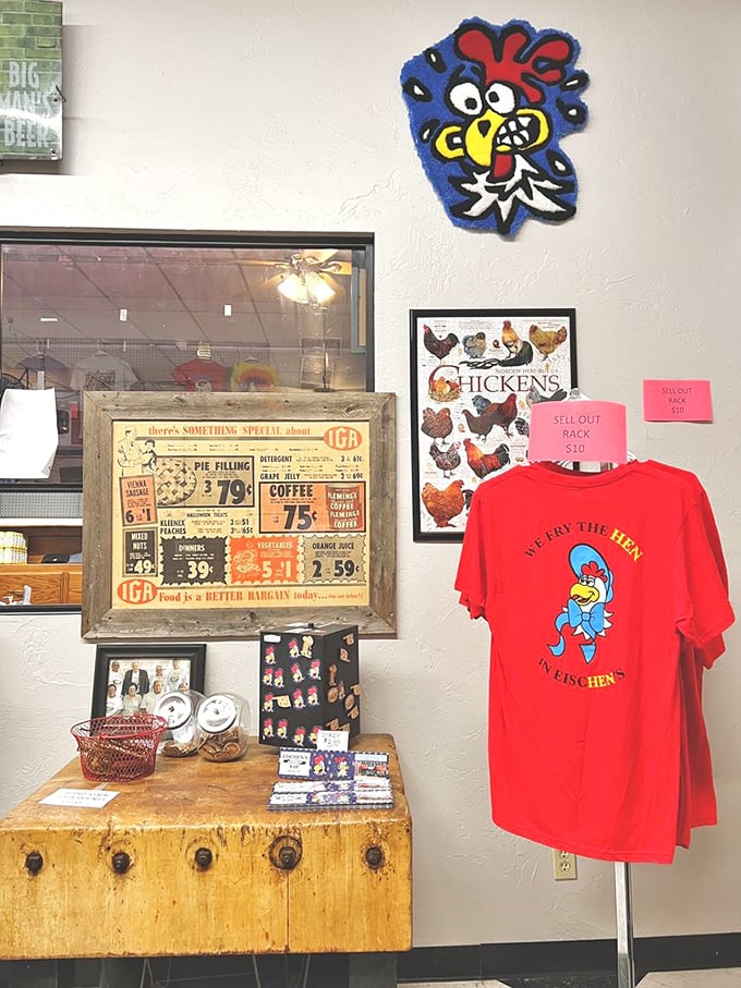 The cartoon chicken mascot proudly declares "We Fry The Hen"&mdash;perhaps the most honest advertising in the restaurant business.