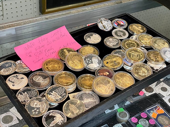 Commemorative coins that tell America's story. That pink note suggests these shiny collectibles might be conversation pieces rather than actual currency.