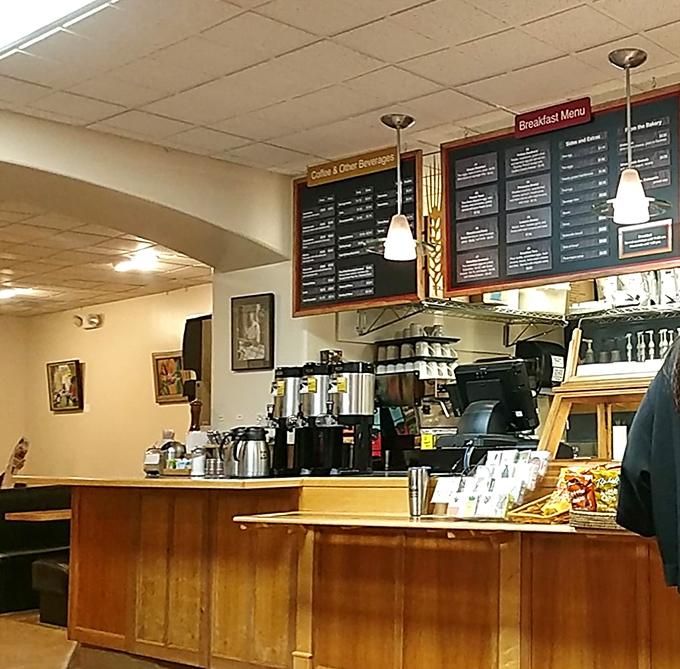 Coffee station and menu boards that promise morning salvation. The breakfast equivalent of finding water in the desert.