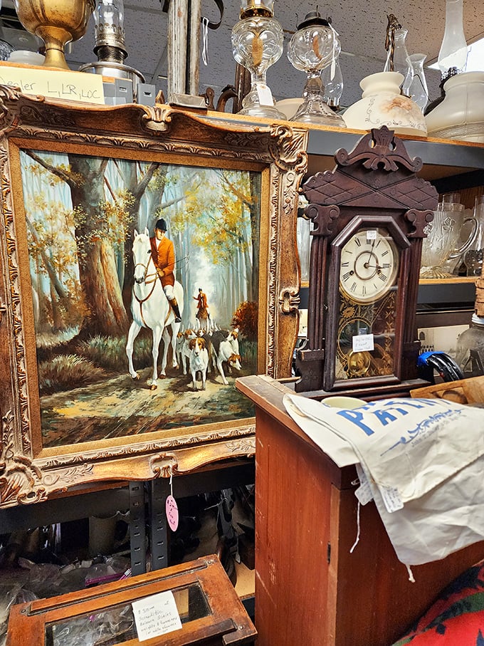 A hunting scene frozen in oil paint hangs beside a stately clock, both marking time in completely different ways.