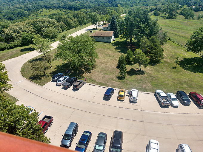 Bird's eye view of civilization's footprint. From up here, even the parking lot looks like part of nature's grand design.