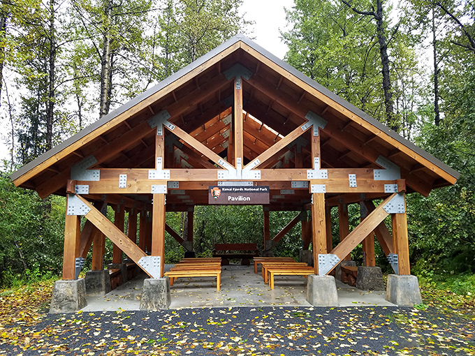The rustic pavilion offers shelter from Alaska's famously fickle weather, proving even wilderness appreciates a good roof sometimes.