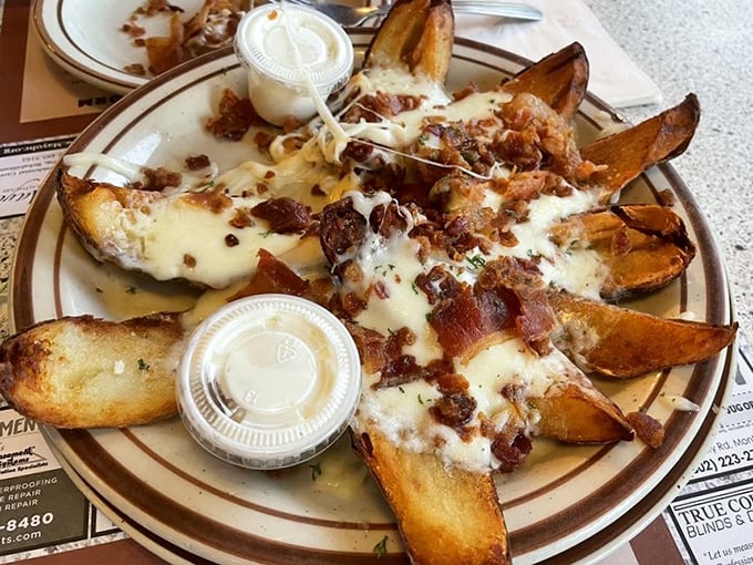 Potato skins loaded with cheese and bacon&mdash;proof that sometimes the best things in life are indeed simple pleasures.