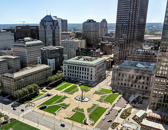 Public Square from above reveals Cleveland's thoughtful urban planning, where greenspace and historic architecture create a livable downtown core.