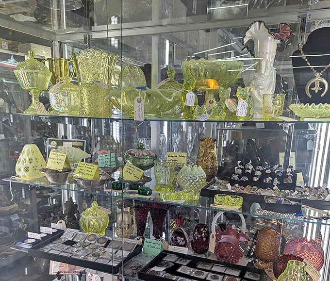 That eerie green glow isn't from aliens&mdash;it's uranium glass, the collector's item that adds both vintage charm and a slight science experiment vibe.