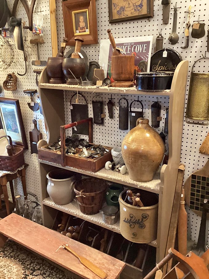 Kitchen tools with the patina of a thousand meals. That stoneware jug has probably held everything from moonshine to maple syrup.