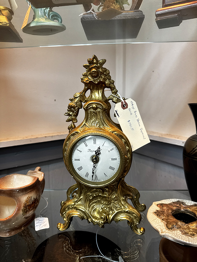 Time literally stands still in this ornate brass clock. The kind of heirloom that makes digital watches hang their heads in shame.