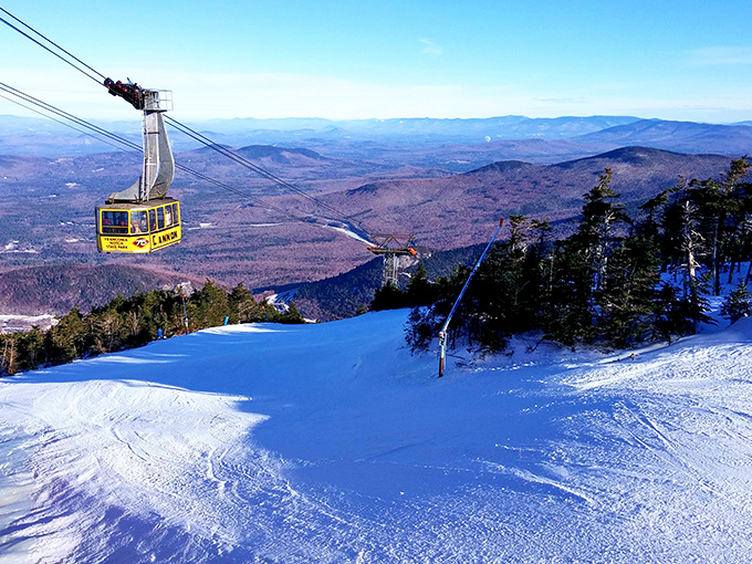 Winter's masterpiece in progress. That yellow tram isn't just transportation&mdash;it's a time machine to your childhood snow day excitement.