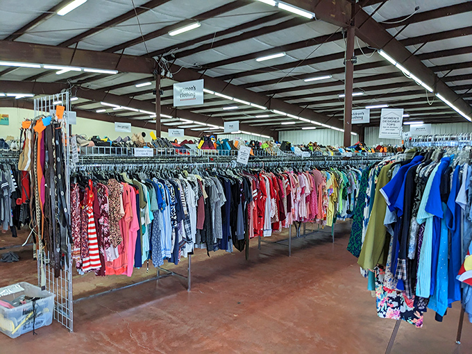 The clothing section stretches to the horizon, a textile sea where fashion trends of yesteryear await their inevitable comeback.