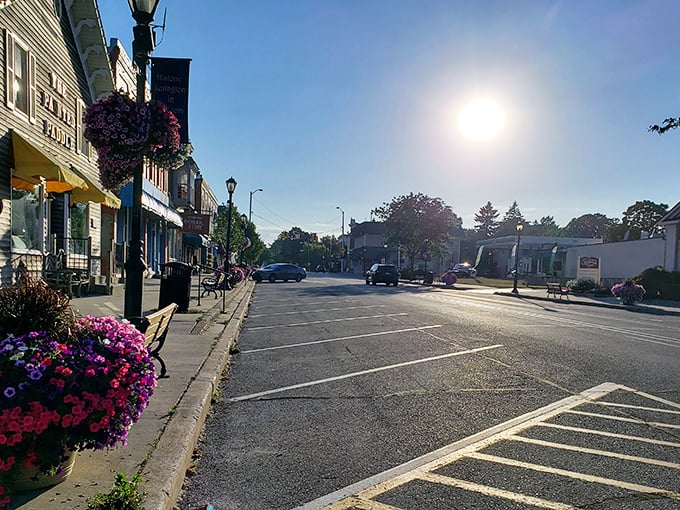 Morning light bathes Lexington's main street, illuminating flower baskets that add splashes of color to this Lake Huron gem.