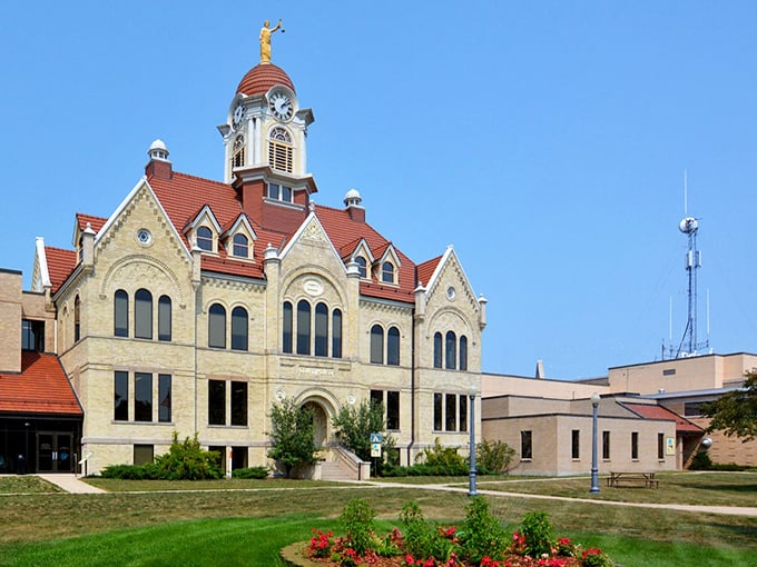 Oconto County Courthouse stands as a magnificent sandstone reminder of the town's prosperous lumber era.