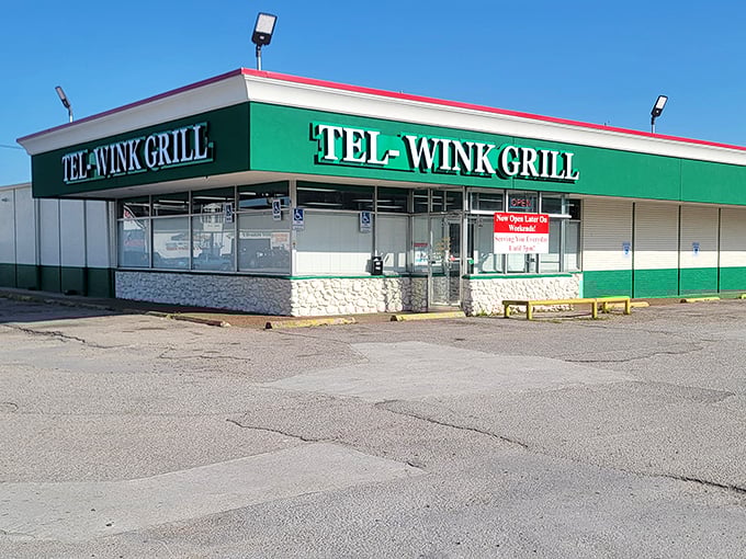 Tel-Wink Grill's green and white stripes signal classic diner comfort where Houston breakfast traditions live on.