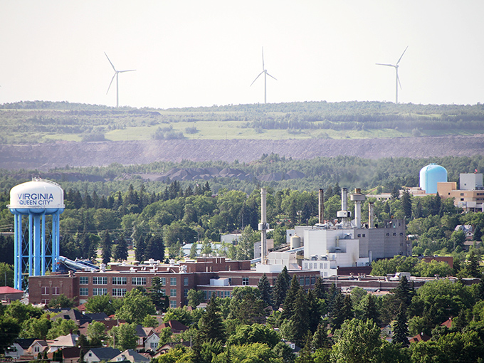 Virginia's industrial skyline and iconic water tower represent the practical, working-class roots that make this Iron Range town surprisingly affordable.