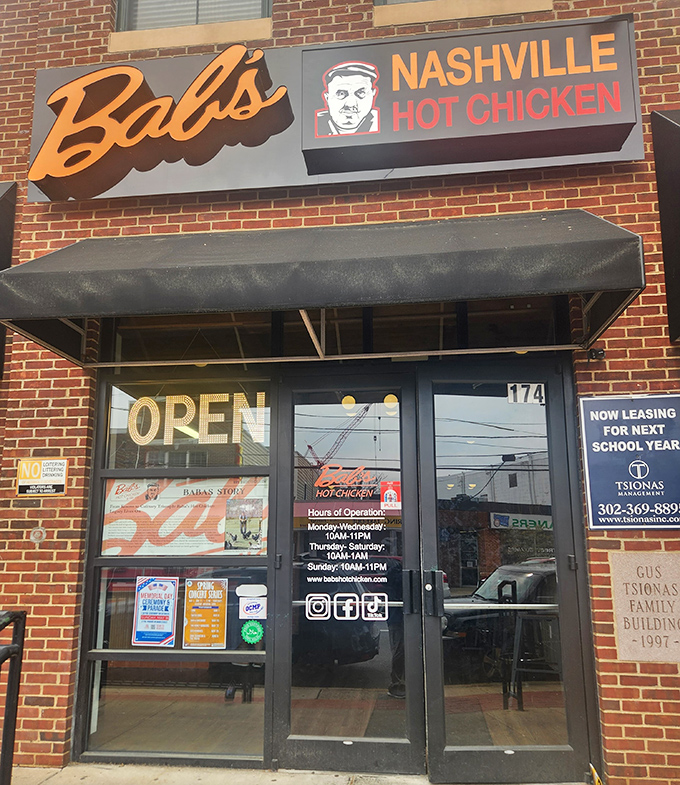 That sleek storefront promises Nashville-style fire with just enough Delaware friendliness to keep things comfortable.