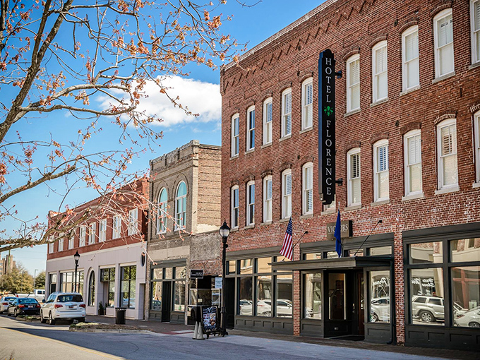 Historic buildings house local businesses in Florence, where retirement on Social Security means living well, not just getting by.