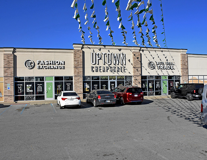 The "Fashion Exchange" and "Buy Sell Trade" signs hint at Uptown Cheapskate's fresh approach to secondhand shopping.
