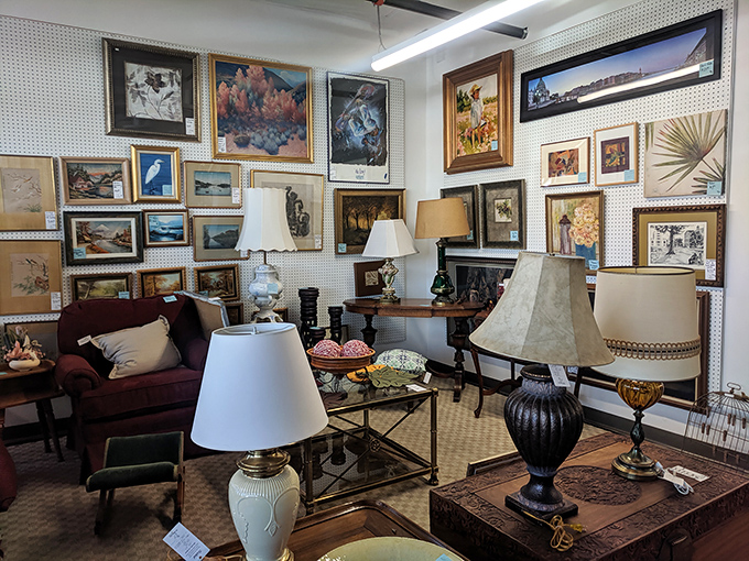 Gallery wall goals! White Dove's art section transforms thrifting into museum-quality collecting on a bargain hunter's budget.