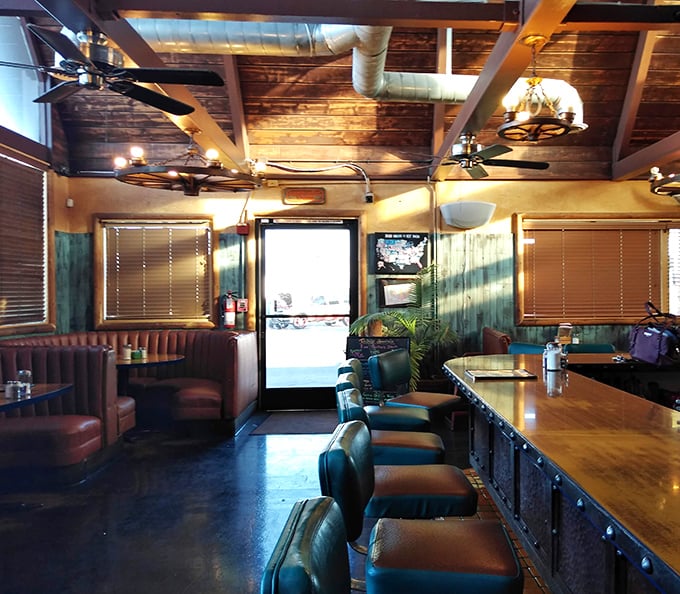 The bar area's wooden counter and leather stools invite you to settle in and stay awhile. Coffee refills are practically mandatory.